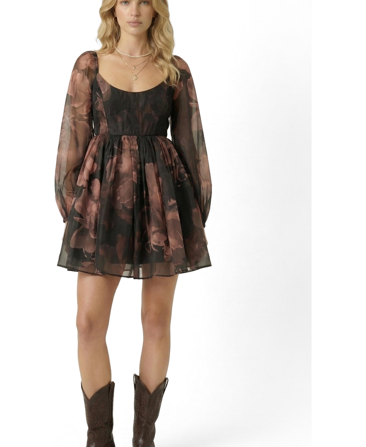 Click here for Modenaire Womens Floral Organza Puff-Sleeve Mini D... prices