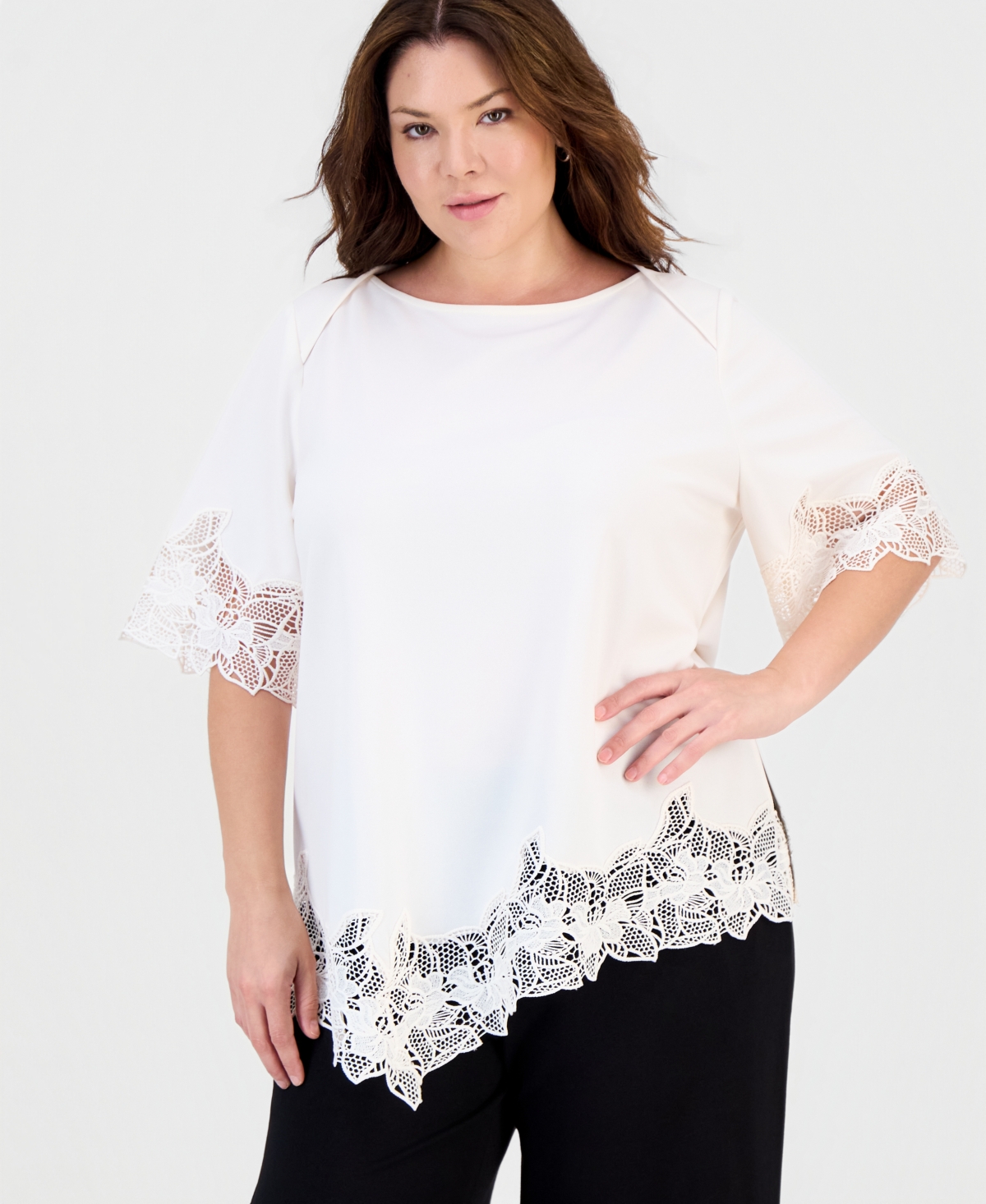Click here for Anne Klein Plus Size Lace-Trim Asymmetrical-Hem Bl... prices