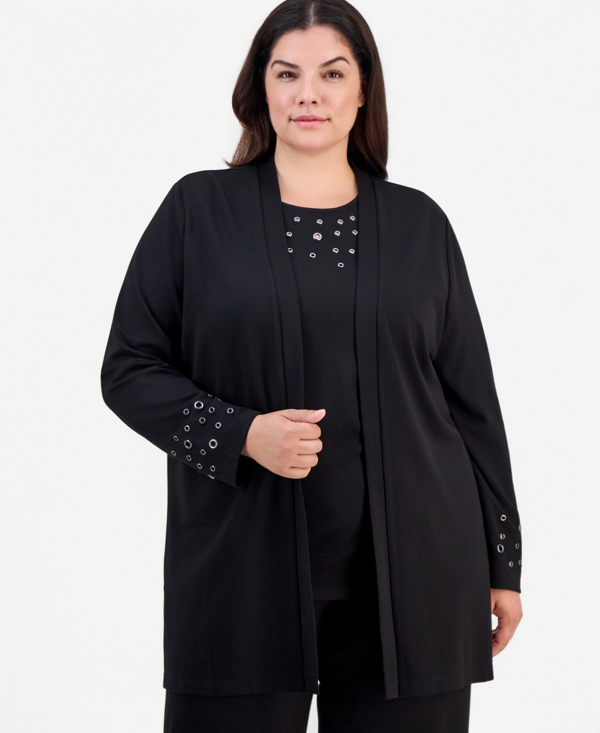 Click here for Anne Klein Plus Size Open-Front Grommet-Trim Cardi... prices
