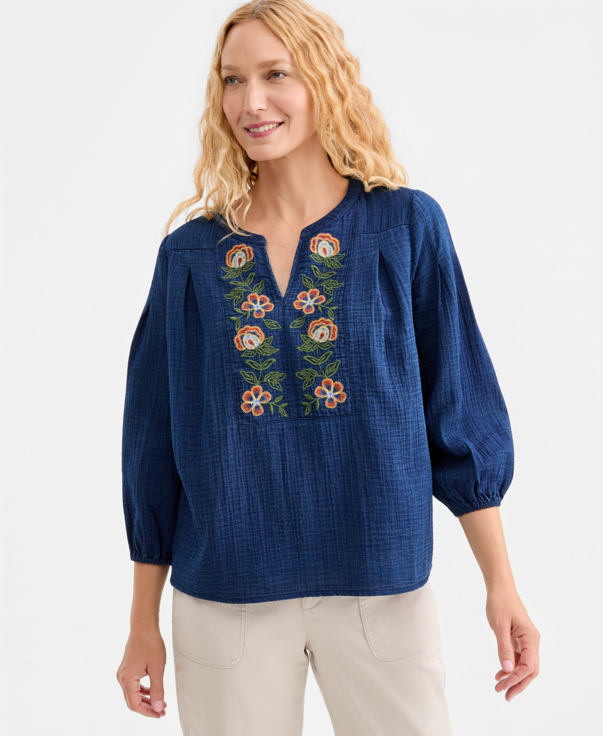 Click here for Style & Co Womens Embroidered Indigo Gauze Top  Ma... prices