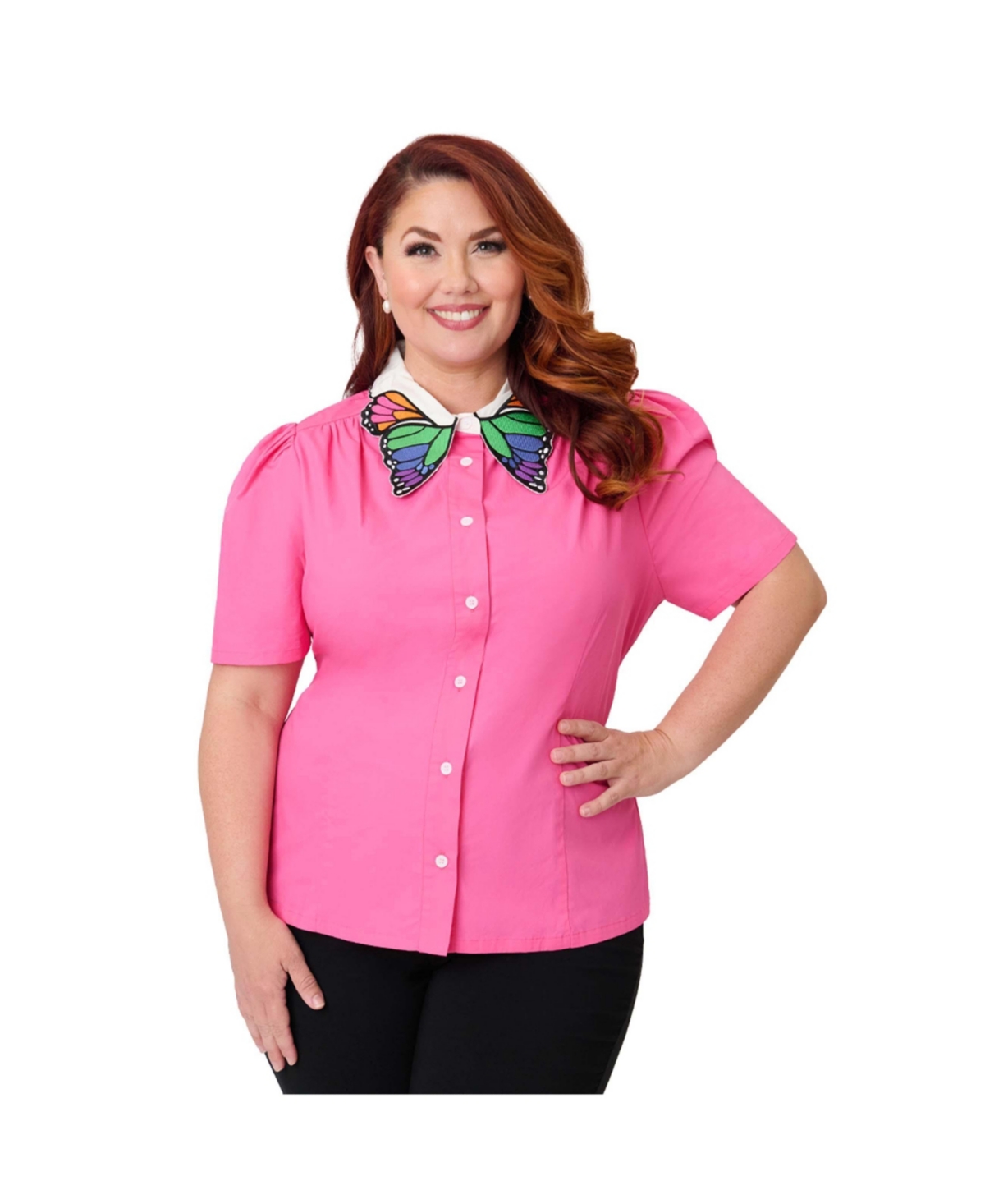 Click here for Plus Size Blouse With Embroidered Collar - Pink w/... prices