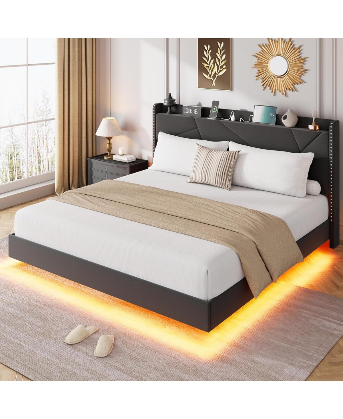 Click here for gaomon Floating Bed Frame with Led Lights and Char... prices