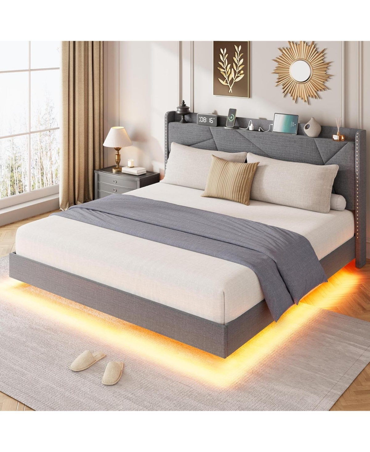 Click here for gaomon Floating Bed Frame with Led Lights and Char... prices
