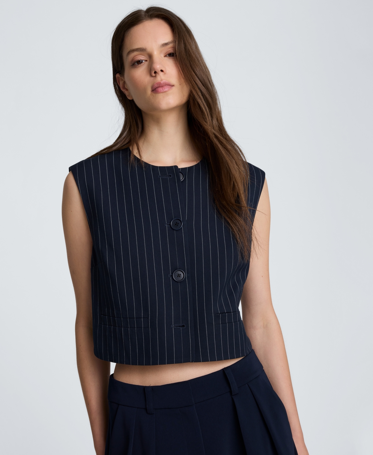 Click here for Kenneth Cole Womens Collarless Sleeveless Pinstrip... prices