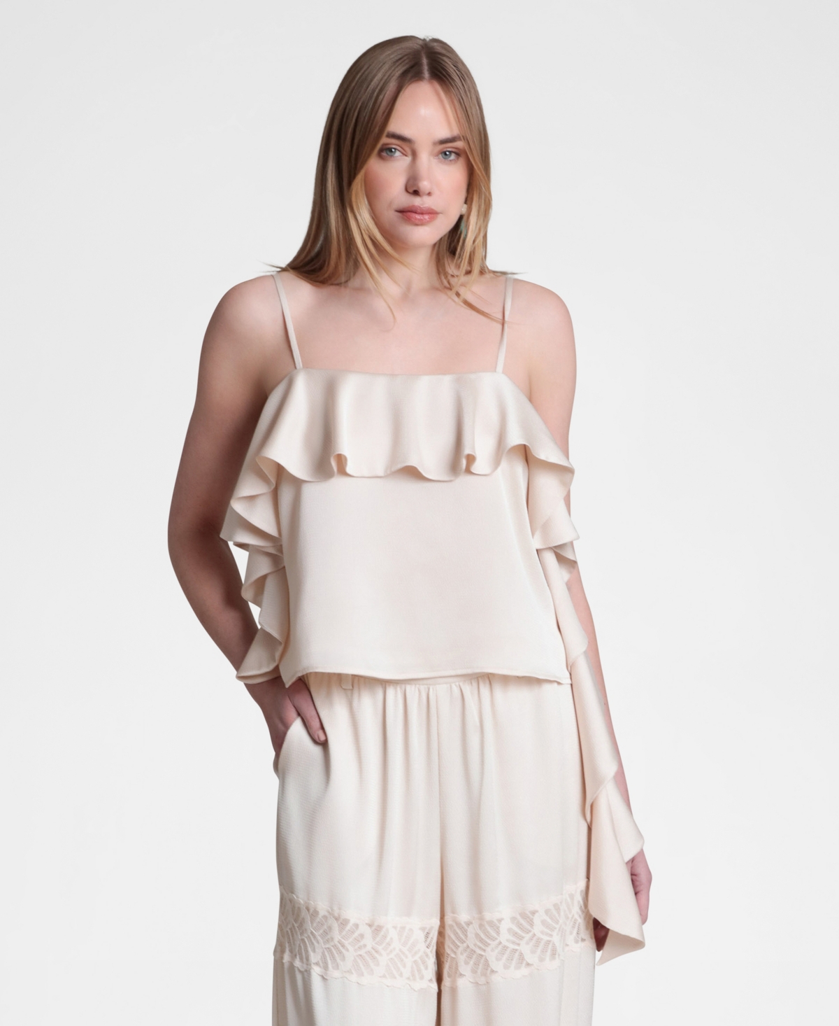 Click here for Avec Les Filles Womens Asymmetrical Ruffle Cami To... prices