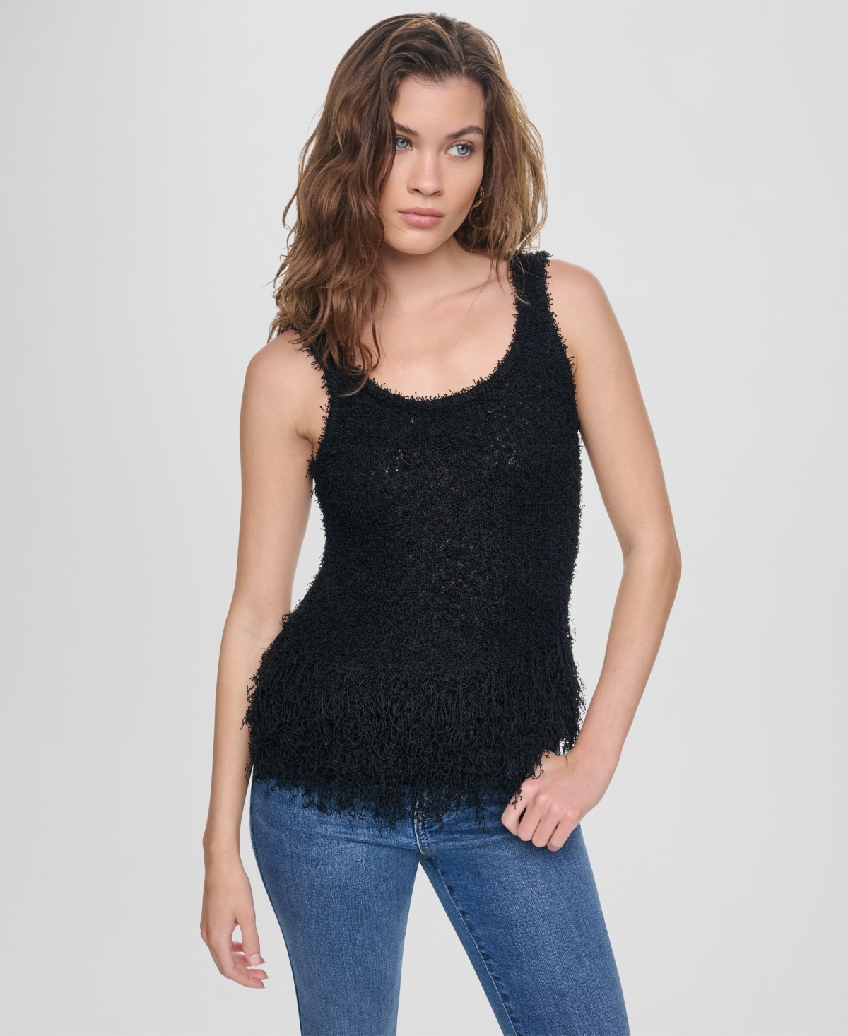 Click here for Dkny Jeans Womens Sleeveless Cropped Fringe Tank T... prices
