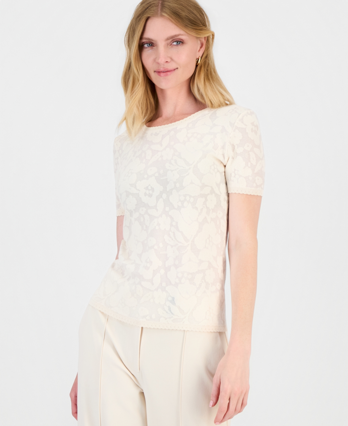 Click here for T Tahari Womens Burnout Floral Crewneck Top - Crea... prices