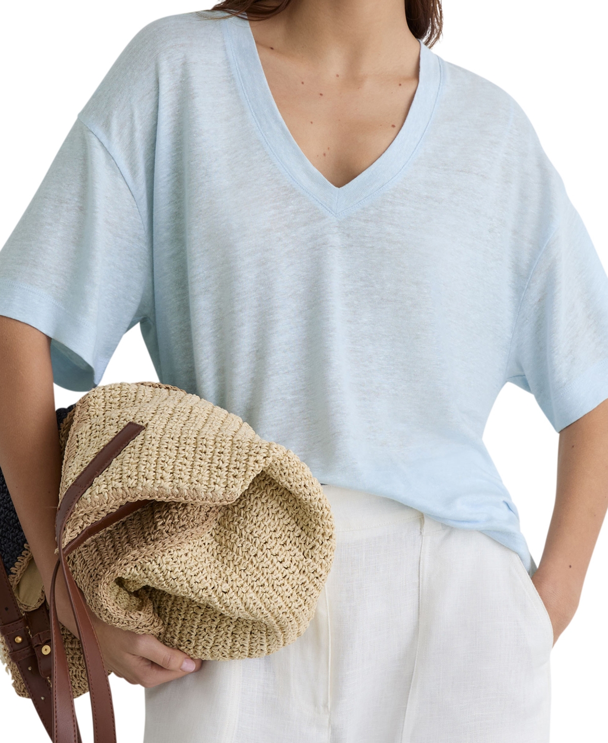 Click here for Reiss Womens Linen V-Neck T-Shirt - Blue prices