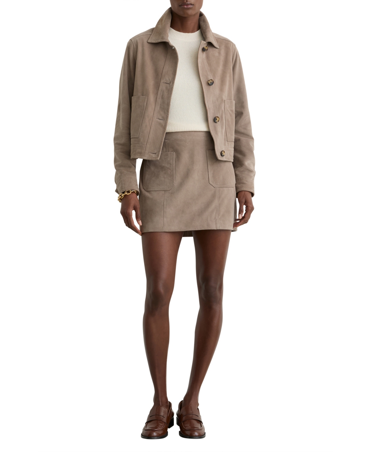 Click here for Reiss Womens Suede Patch-Pocket Mini Skirt - Neutr... prices