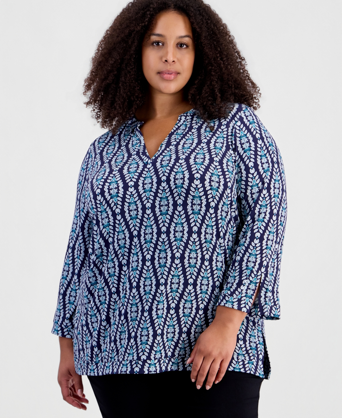 Click here for Jm Collection Plus Size Printed 3/4-Sleeve Splitne... prices