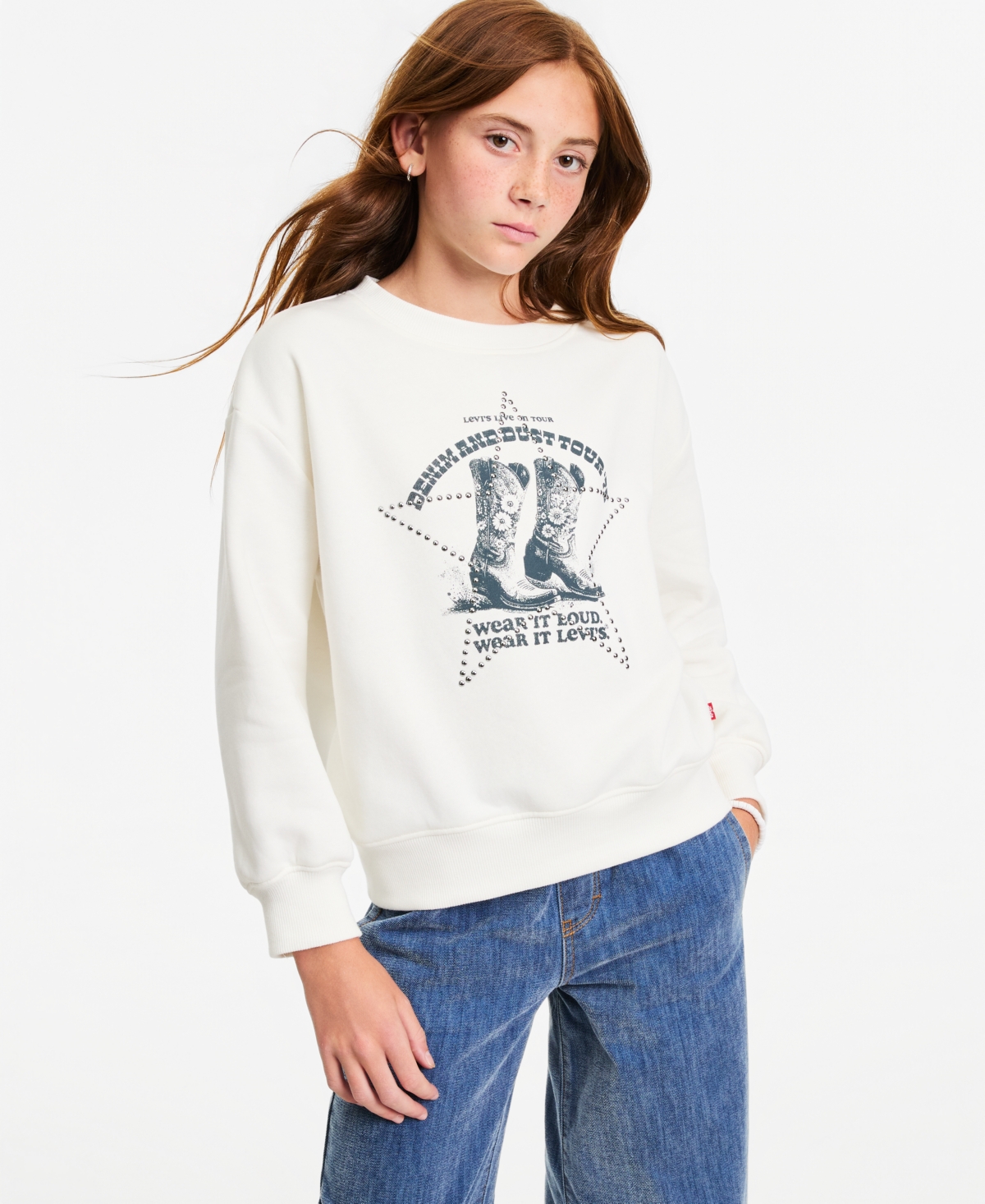 Click here for Levis Girls S-xl Denim Tour Crewneck Sweatshirt -... prices