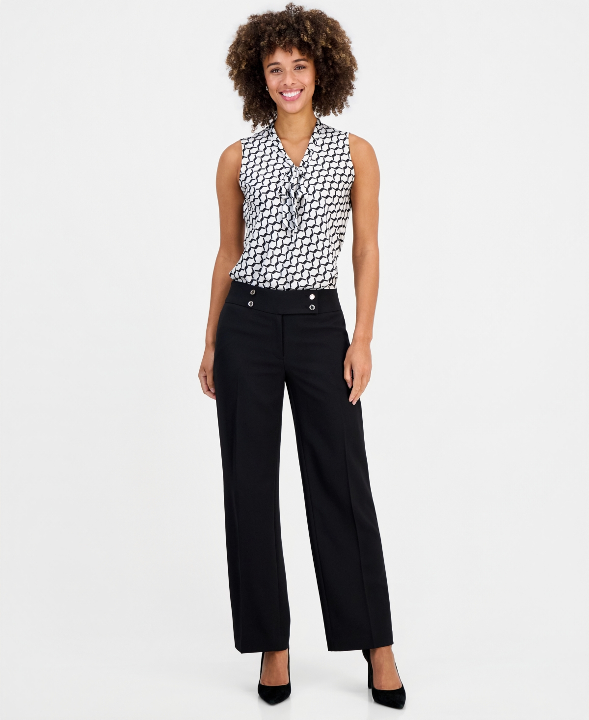Kasper Womens Extended-Tab Fly-Front Wide-Leg Pants - Black