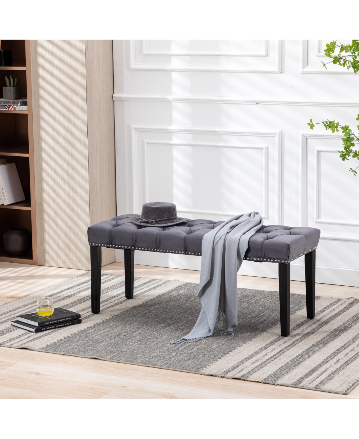Click here for Flynama Velvet Tufted Ottoman Bench - Dark gray prices