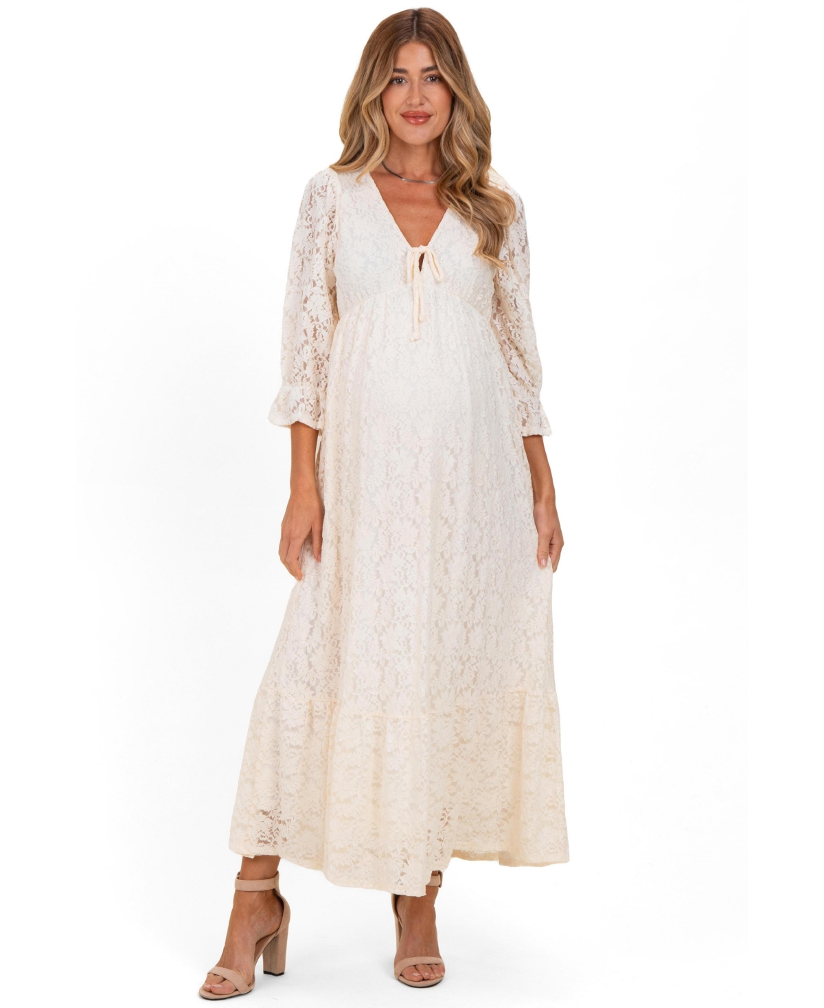 Click here for Pinkblush Maternity Ivory Floral Lace 3/4 Ruffle S... prices