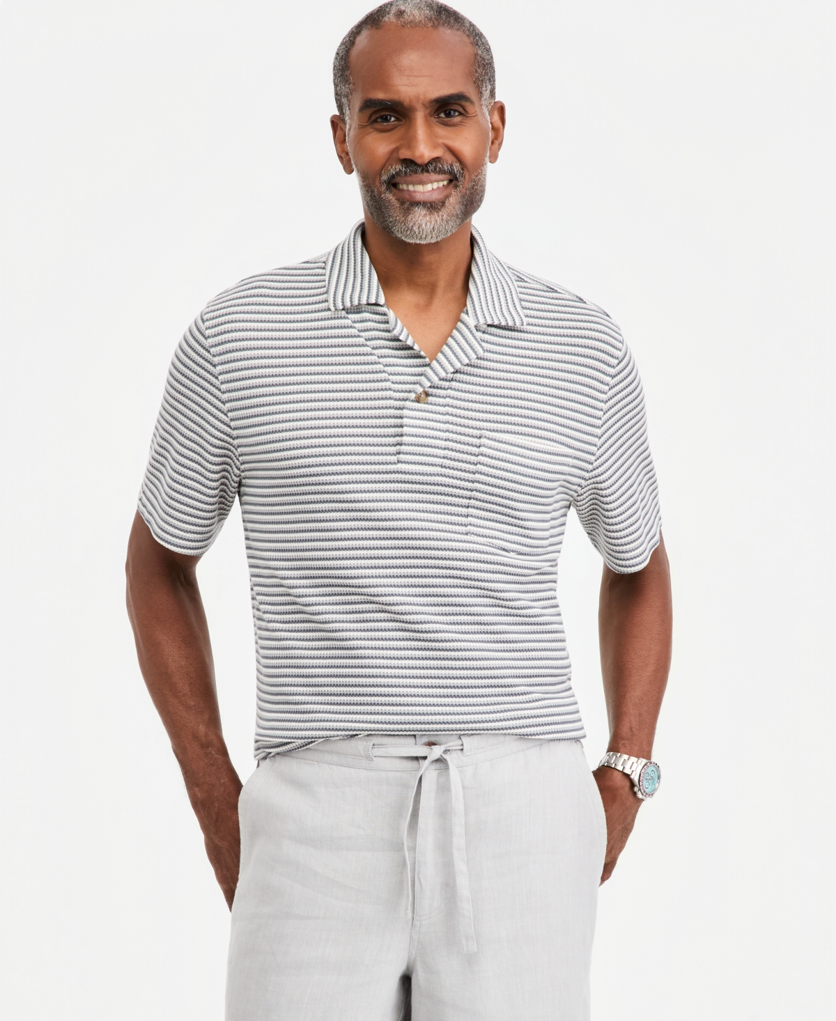Click here for Club Room Mens Textured Knit Striped Popover Polo... prices