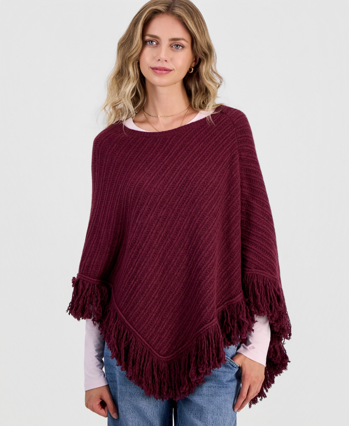Click here for Hippie Rose Juniors Fringed Poncho Sweater - Winds... prices