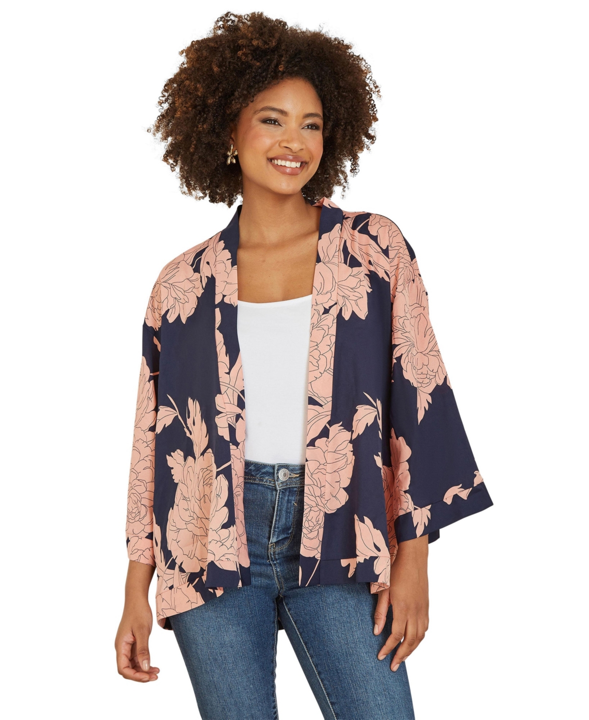 Click here for Yumi Womens Blossom Print Relaxed Jacket - Navy prices