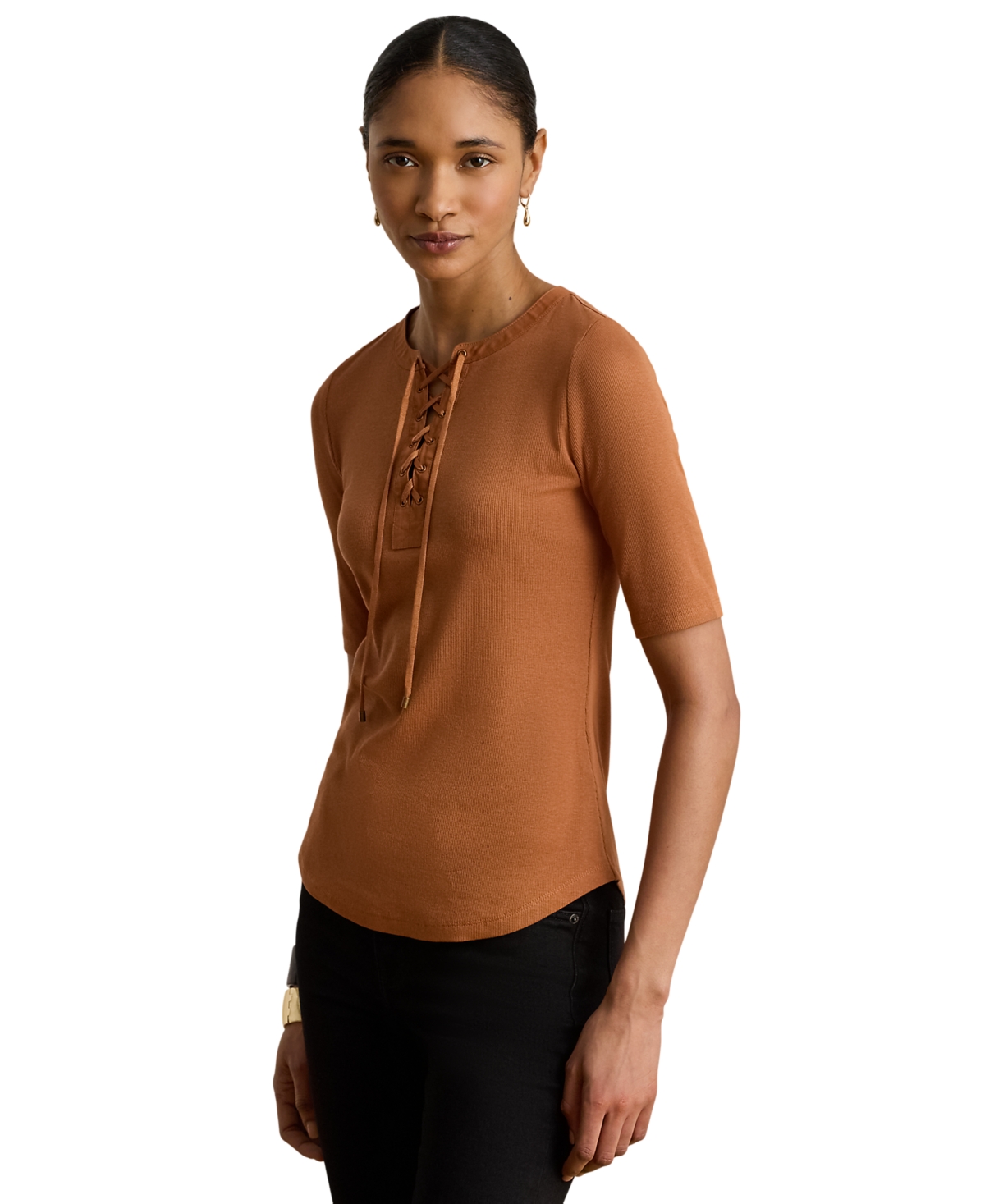 Click here for Lauren Ralph Lauren Petite Crewneck Lace-Up Ribbed... prices