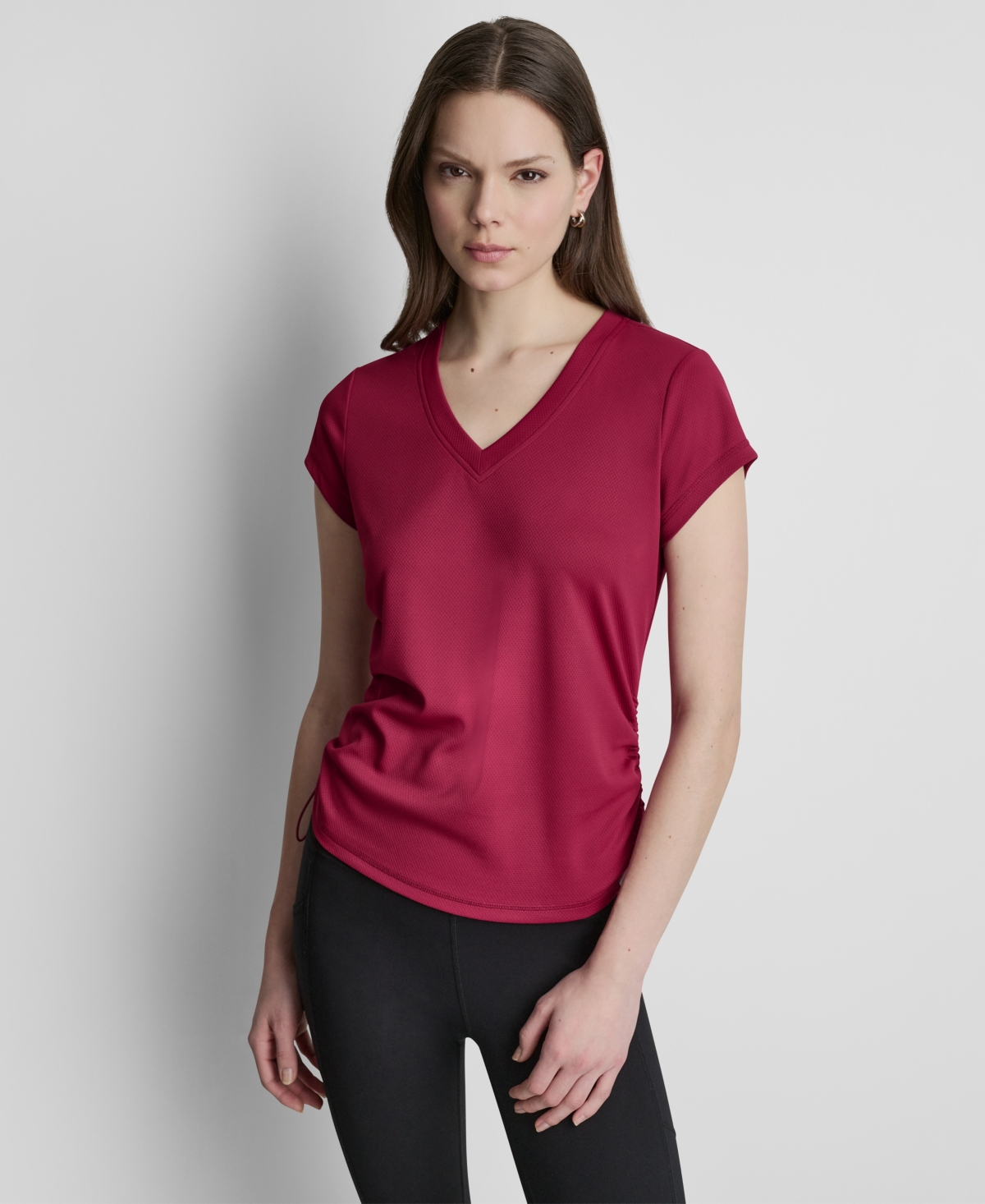 Click here for Dkny Sport Womens Ruched Side Seams V-Neck Tech T-... prices