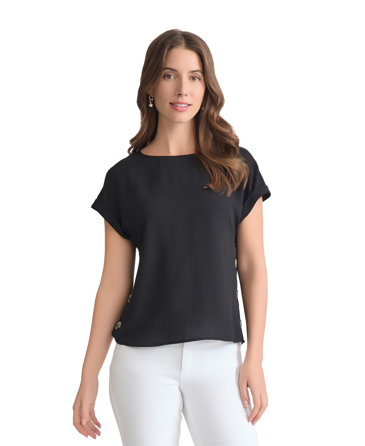 Click here for Jones New York Womens Side-Button Short-Sleeve Top... prices