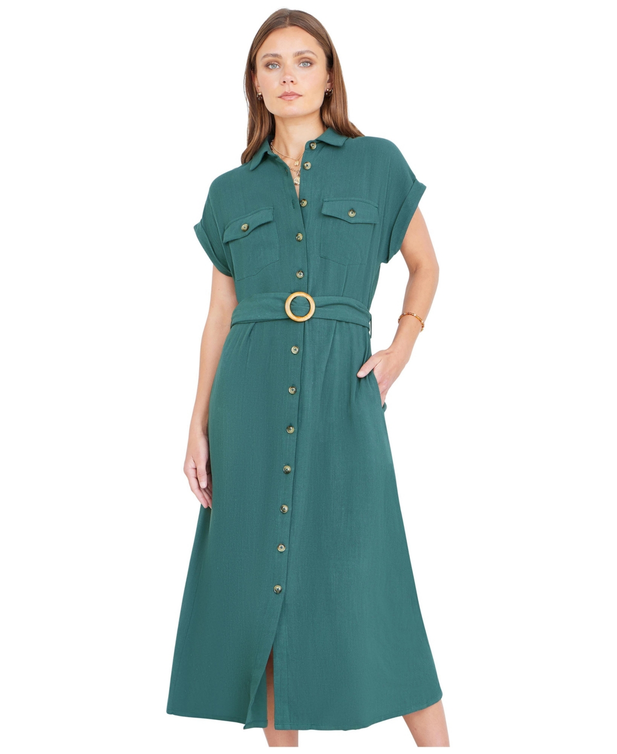 Click here for Yumi Womens Viscose Linen Look Midi Shirt Dress -... prices