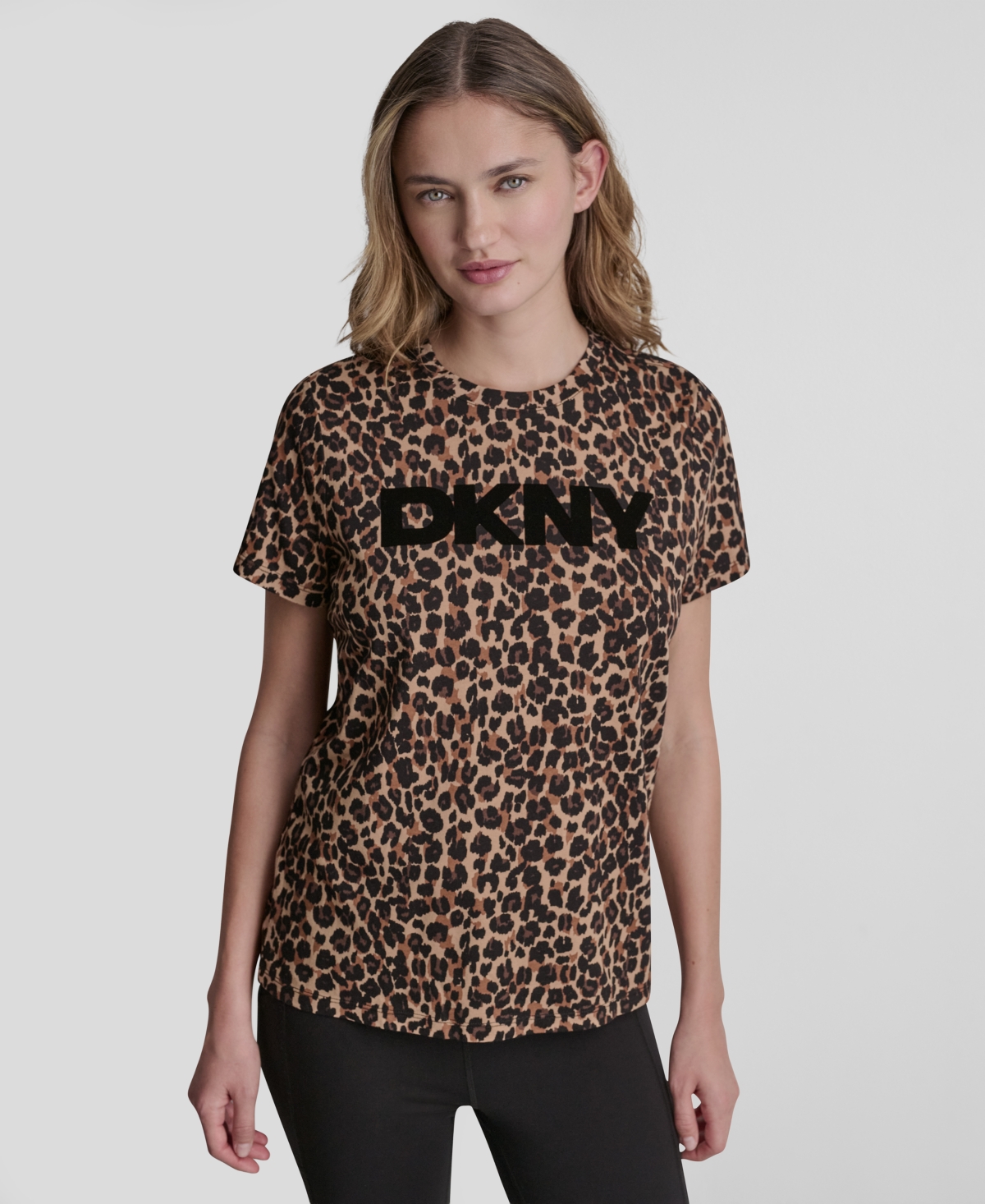 Click here for Dkny Sport Womens Foil Logo Leopard Crewneck T-Shi... prices