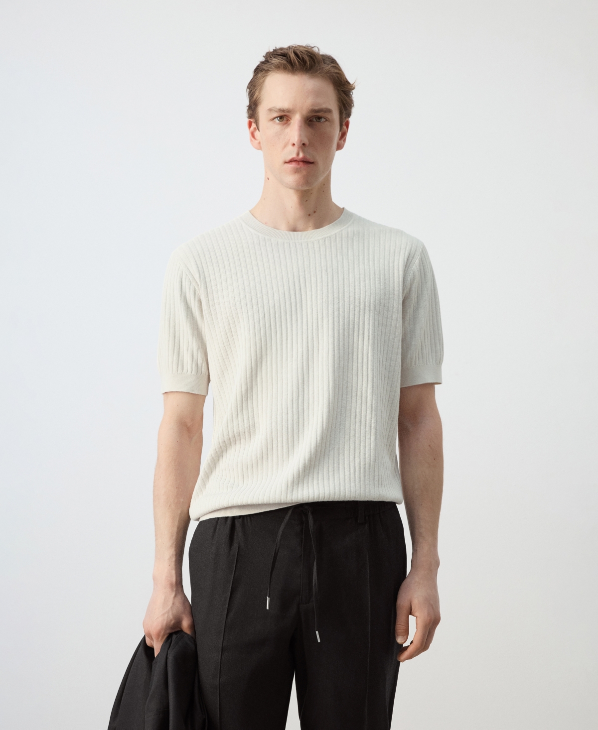 Click here for Mango Mens Ribbed Knit T-Shirt - Sand prices