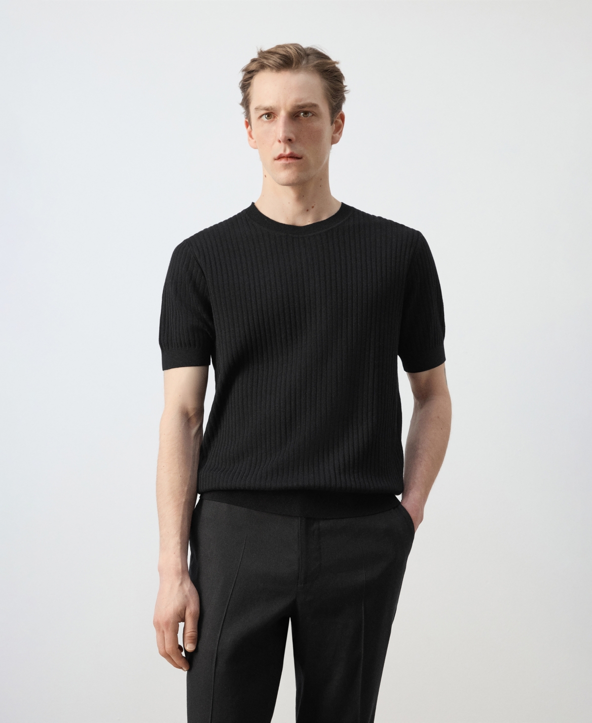 Click here for Mango Mens Ribbed Knit T-Shirt - Black prices