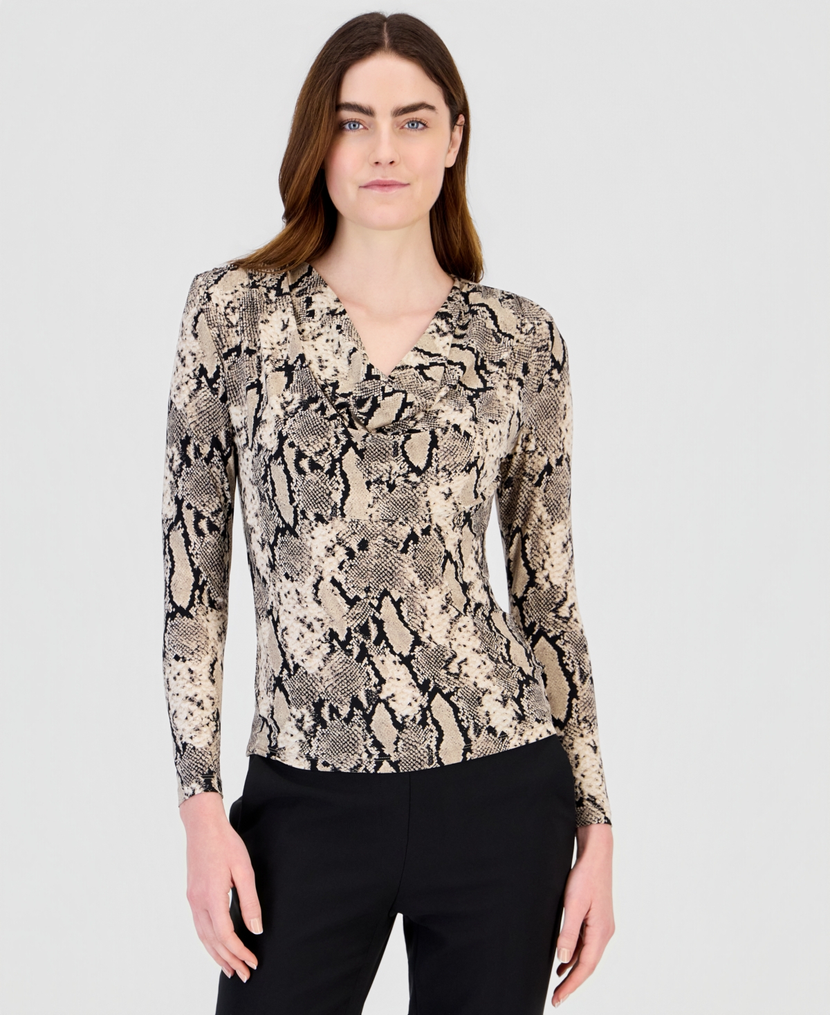Click here for Anne Klein Womens Cowl Neck Long Sleeve Snake-Prin... prices