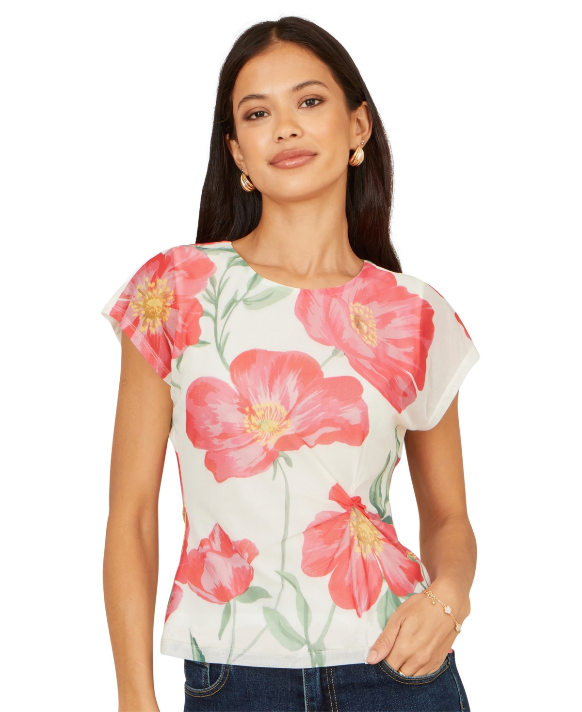 Click here for Yumi Womens Poppy Print Mesh Top - Ivory prices