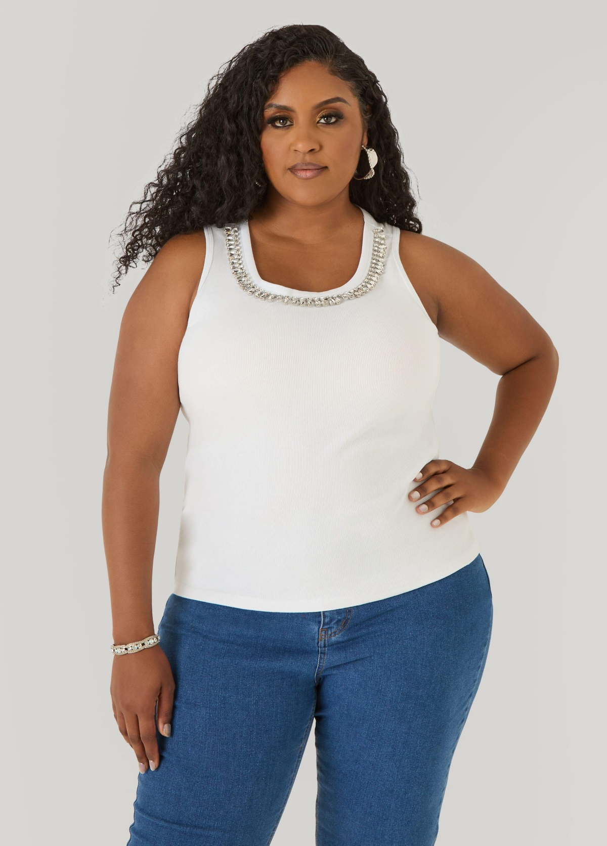 Click here for Ashley Stewart Womens Crystal Ribbed Tank Top - Wh... prices
