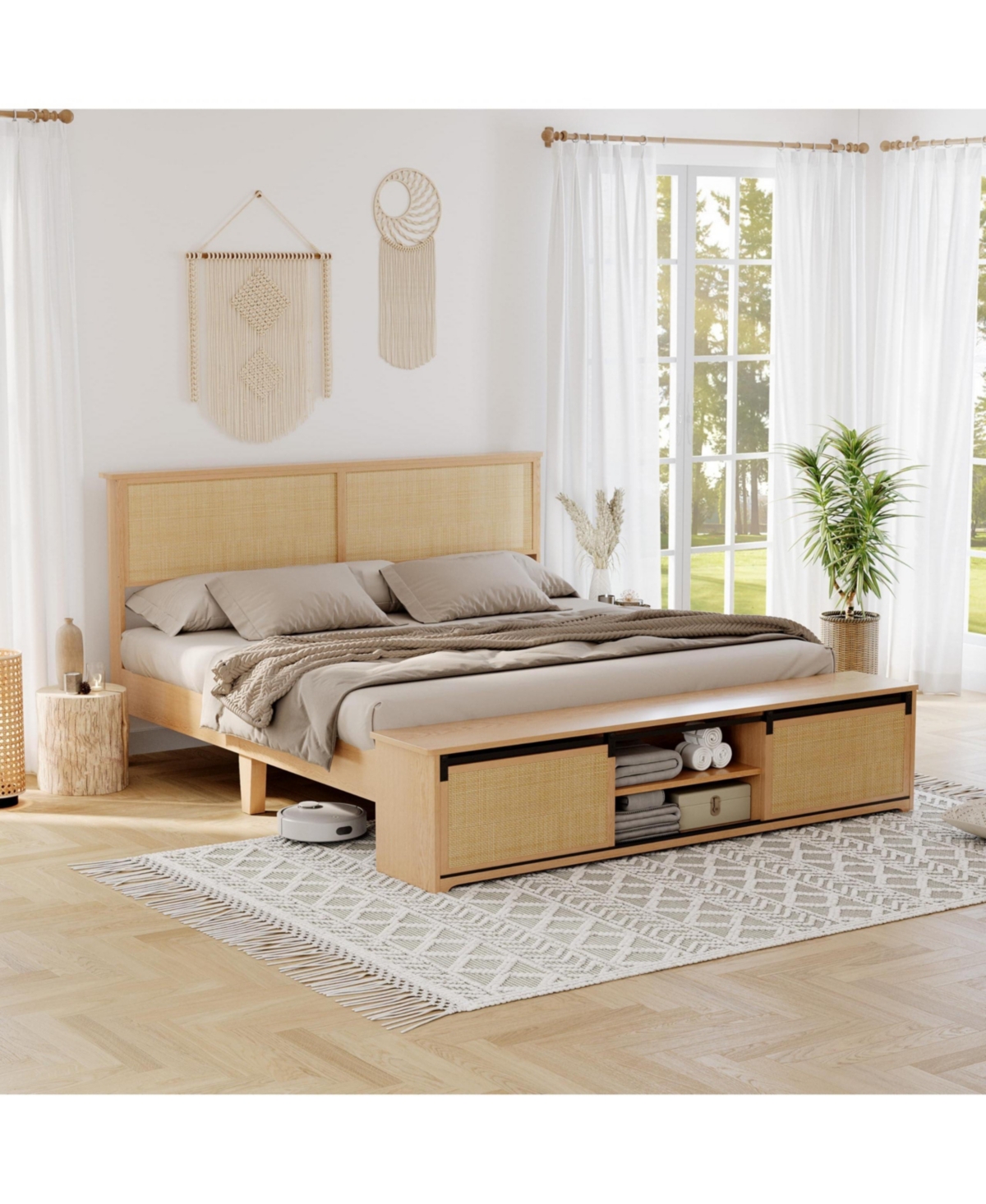 Click here for homfan Rattan Platform Bed with Sliding Barn Door... prices