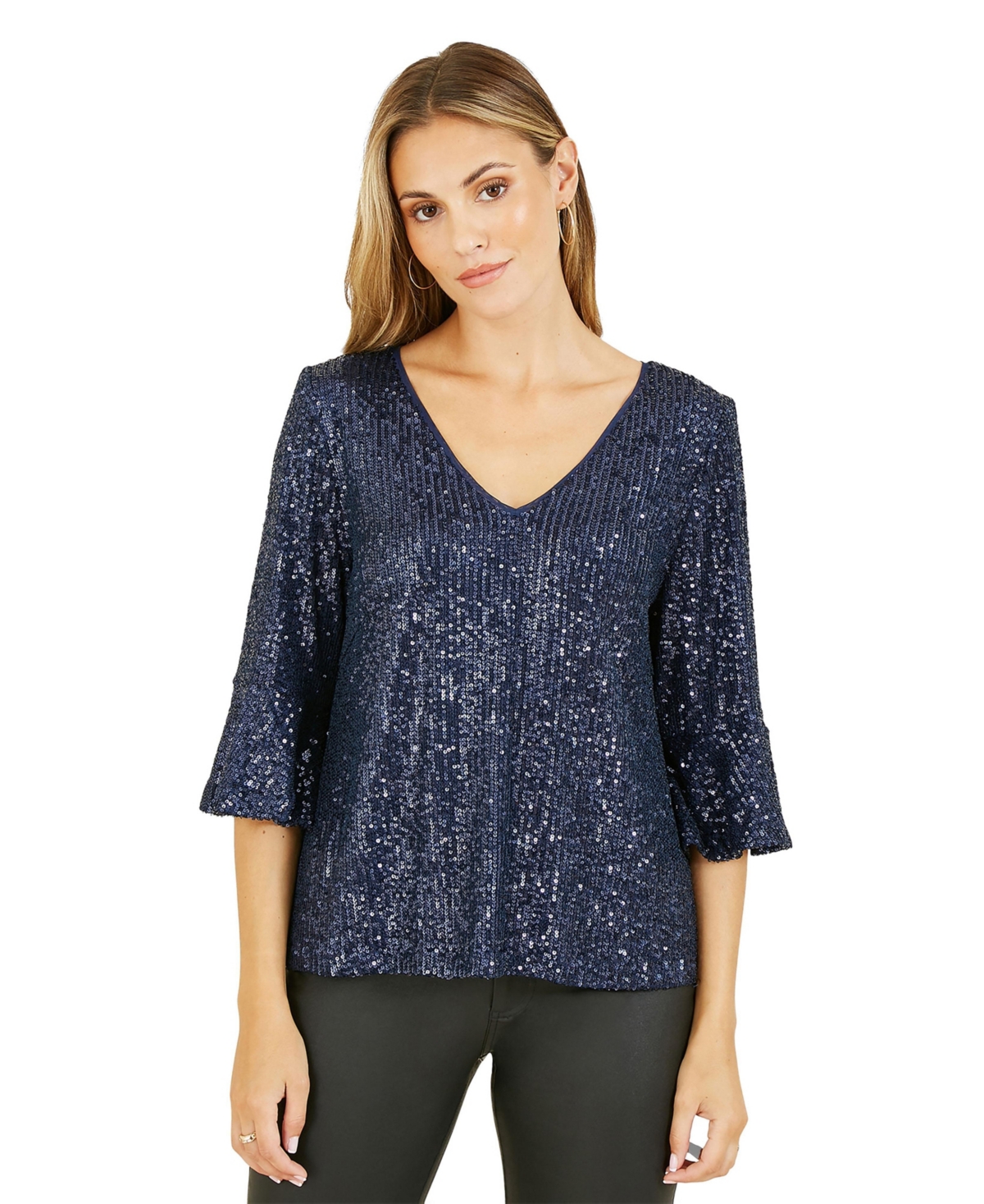 Click here for Yumi Womens Sequin Relaxed Fit Top - Navy prices