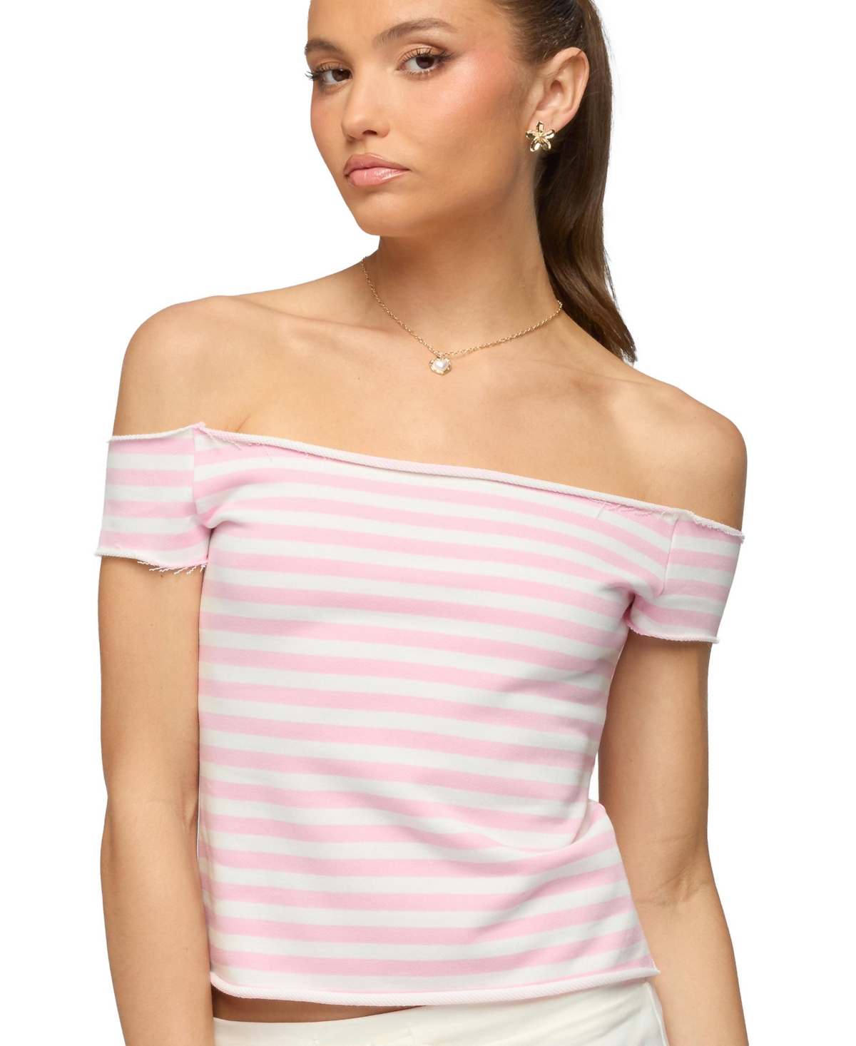 Click here for Edikted Womens French Terry Striped Off Shoulder T... prices