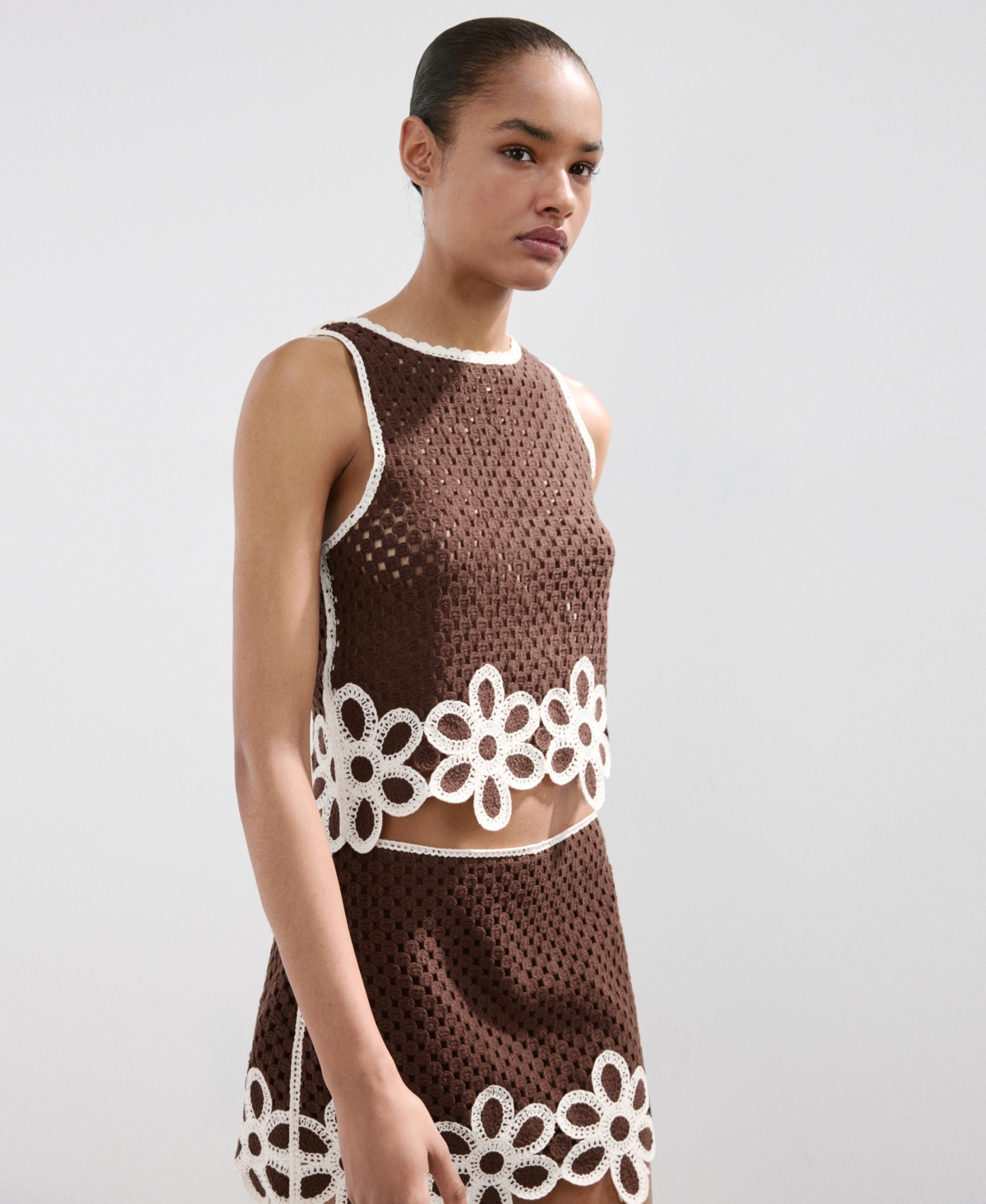 Click here for Mango Womens Floral-Embroidered Crochet Top - Brow... prices