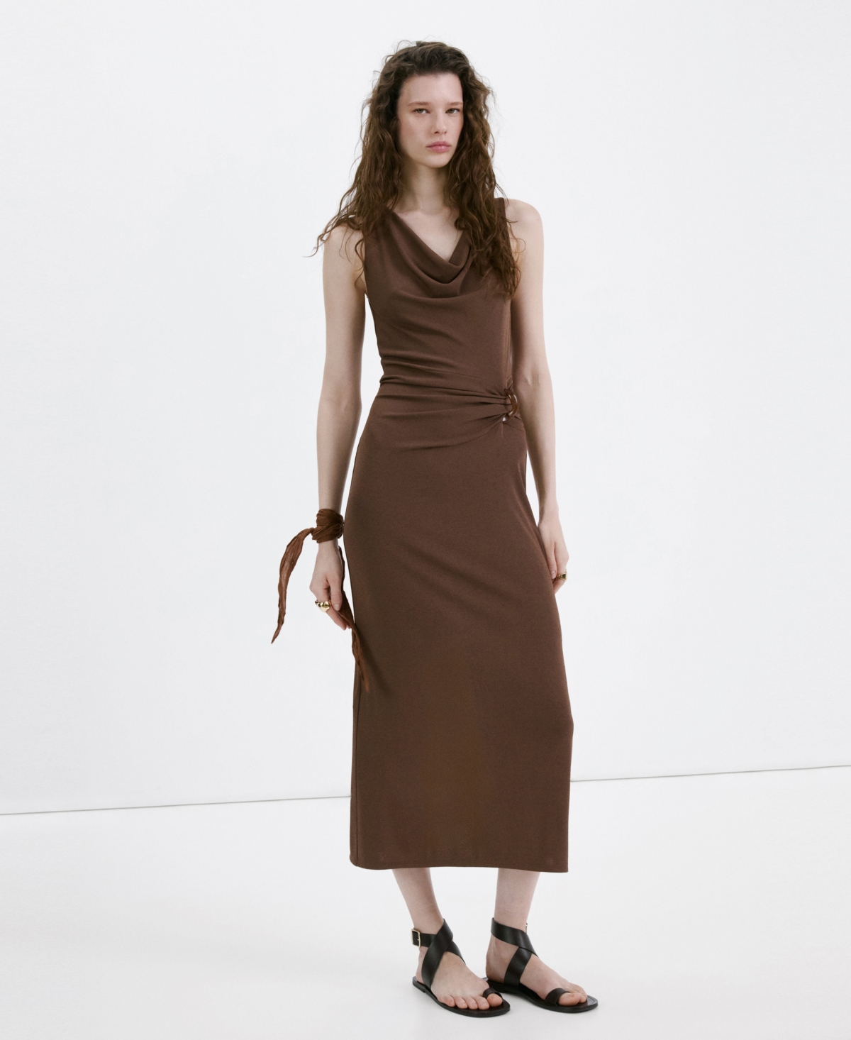 Click here for Mango Womens Side Ruching Draped-Neck Dress - Brow... prices