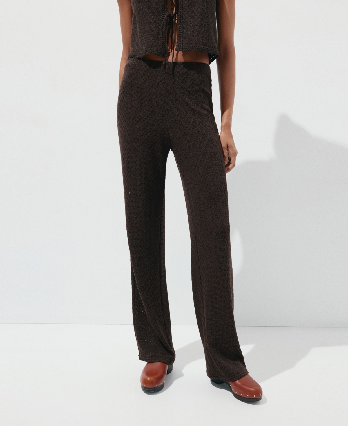 Click here for Mango Womens Straight Knitted Pants - Brown prices