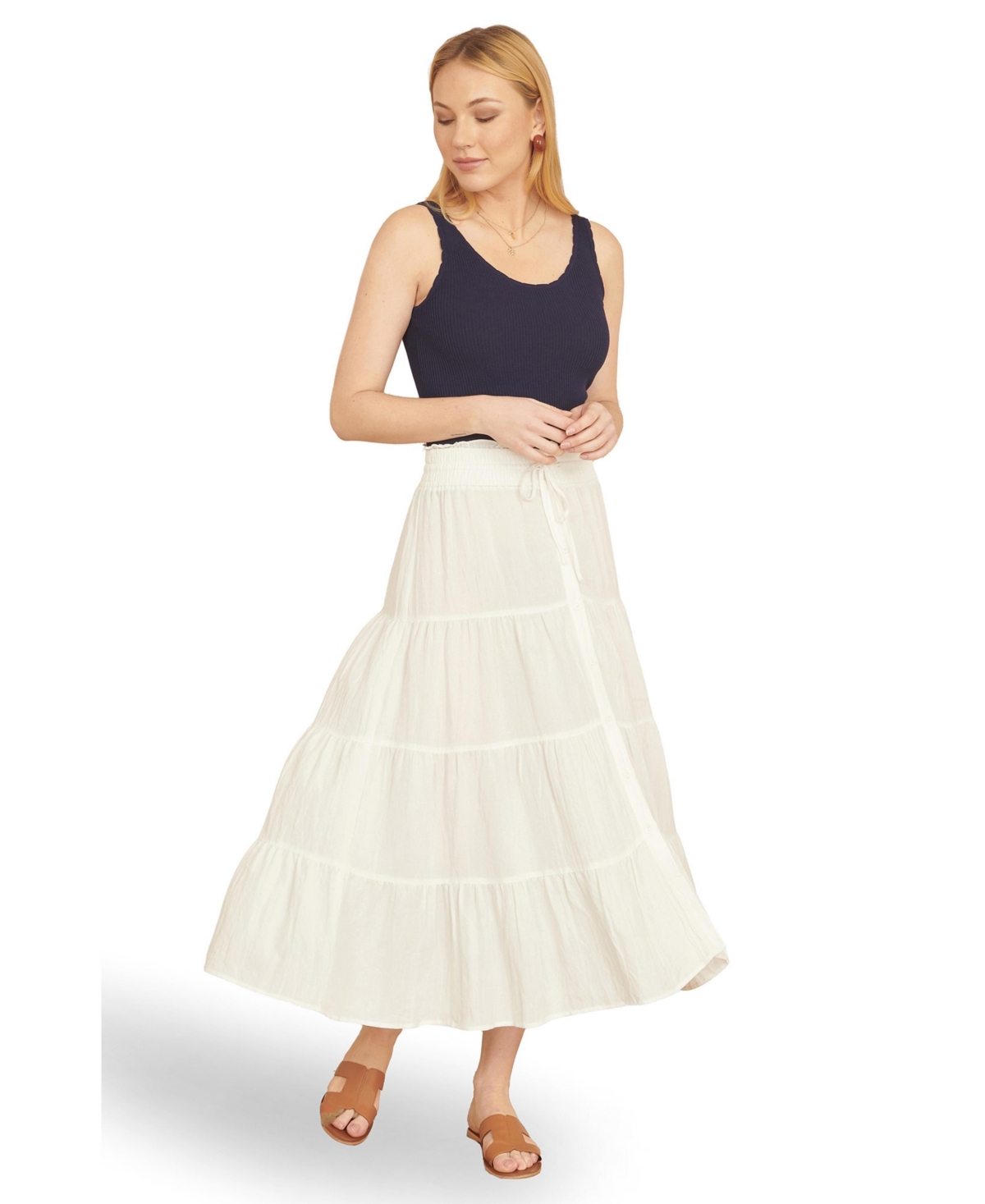 Click here for Yumi Womens Smocked Waist Tired Maxi Skirt - White prices