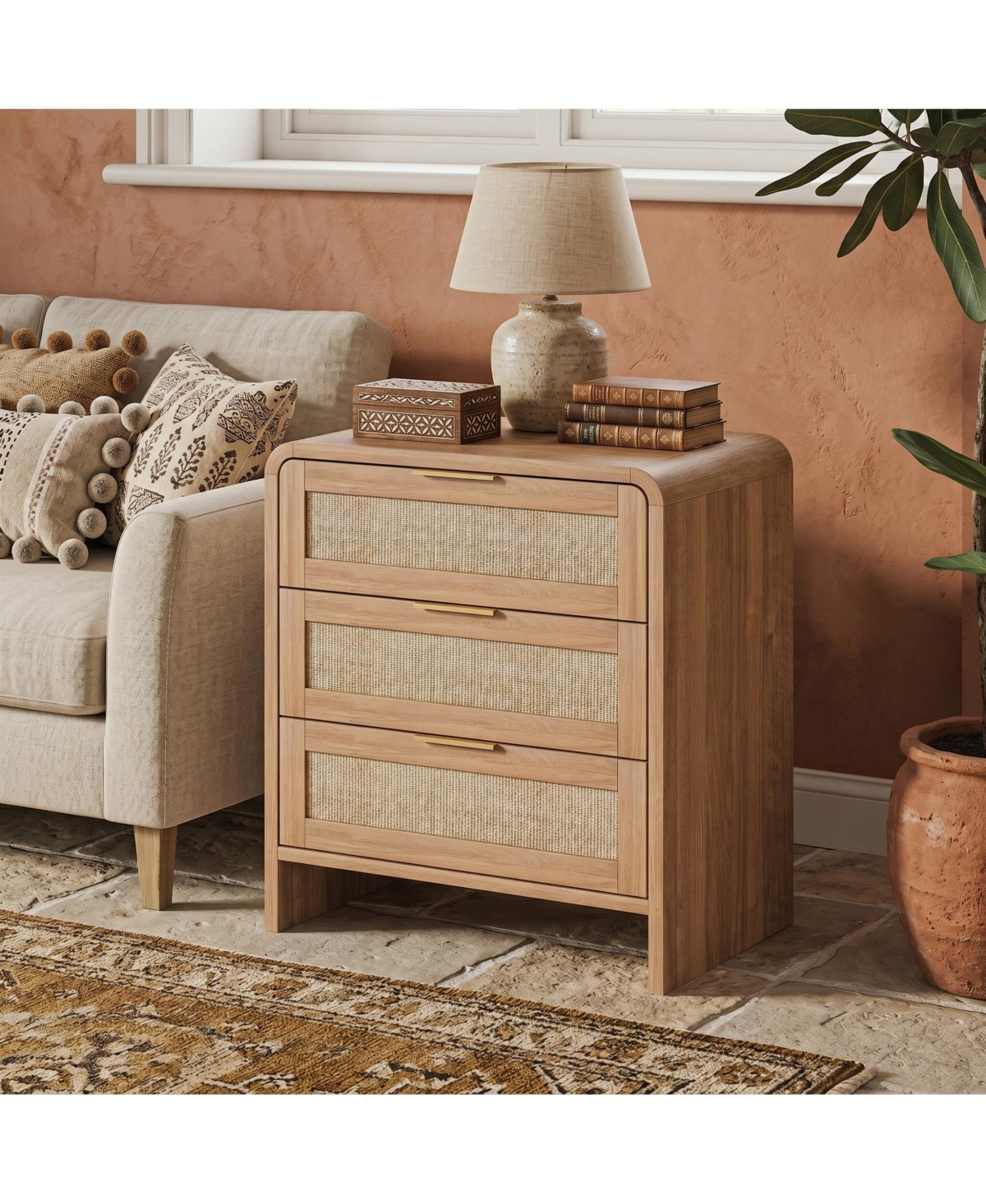 Click here for Sailvan Rattan 3-Drawer Nightstand with Curved Woo... prices