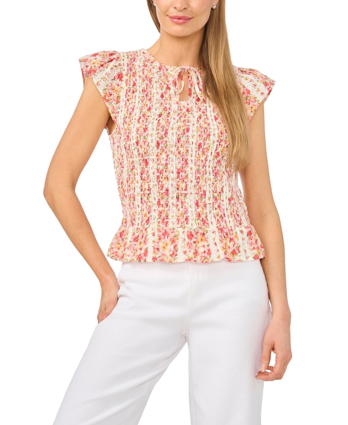 Click here for CeCe Womens Printed Tie-Neck Smocked Top - New Ivo... prices