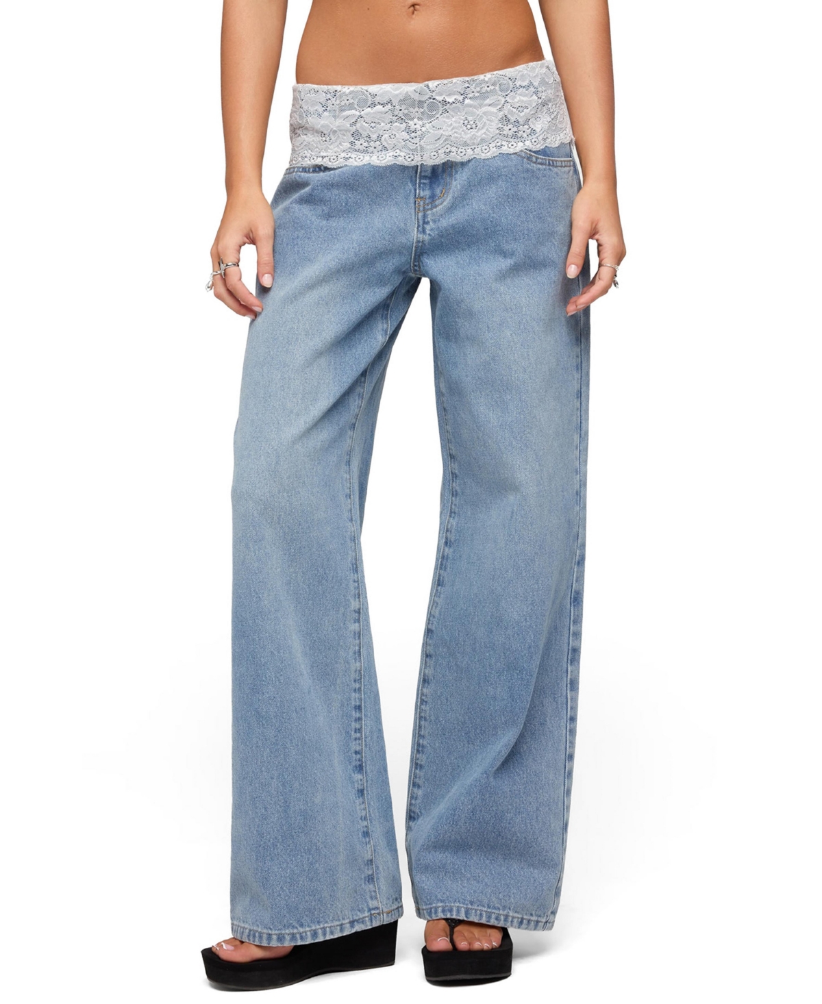 Click here for Edikted Womens Lacey Foldover Low Rise Baggy Jeans... prices