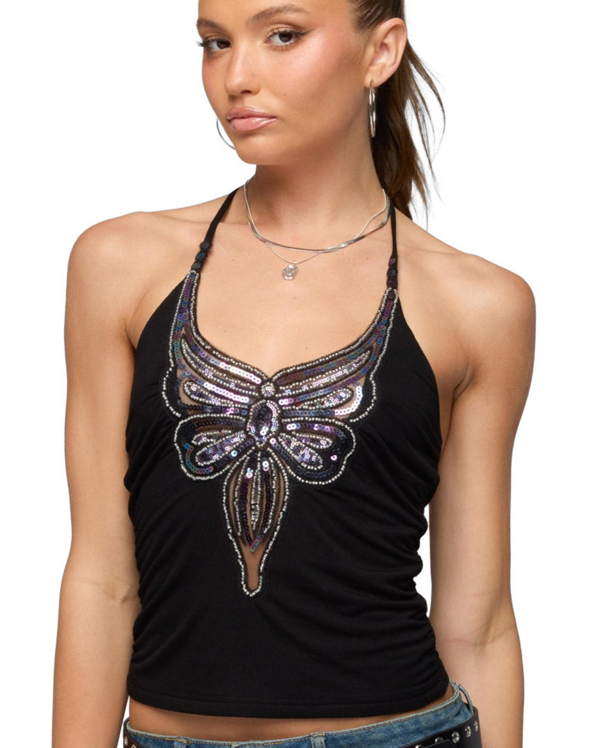 Click here for Edikted Womens Butterfly Bead and Sequin Halter To... prices
