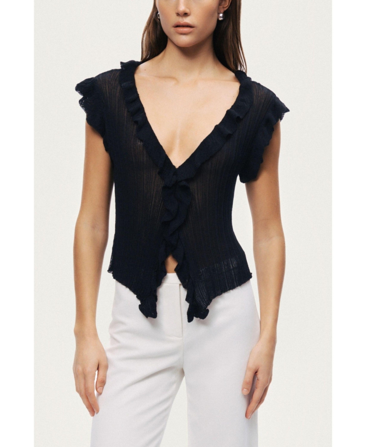 Click here for Nocturne Womens Ruffled V-Neck Sheer Blouse - Blac... prices