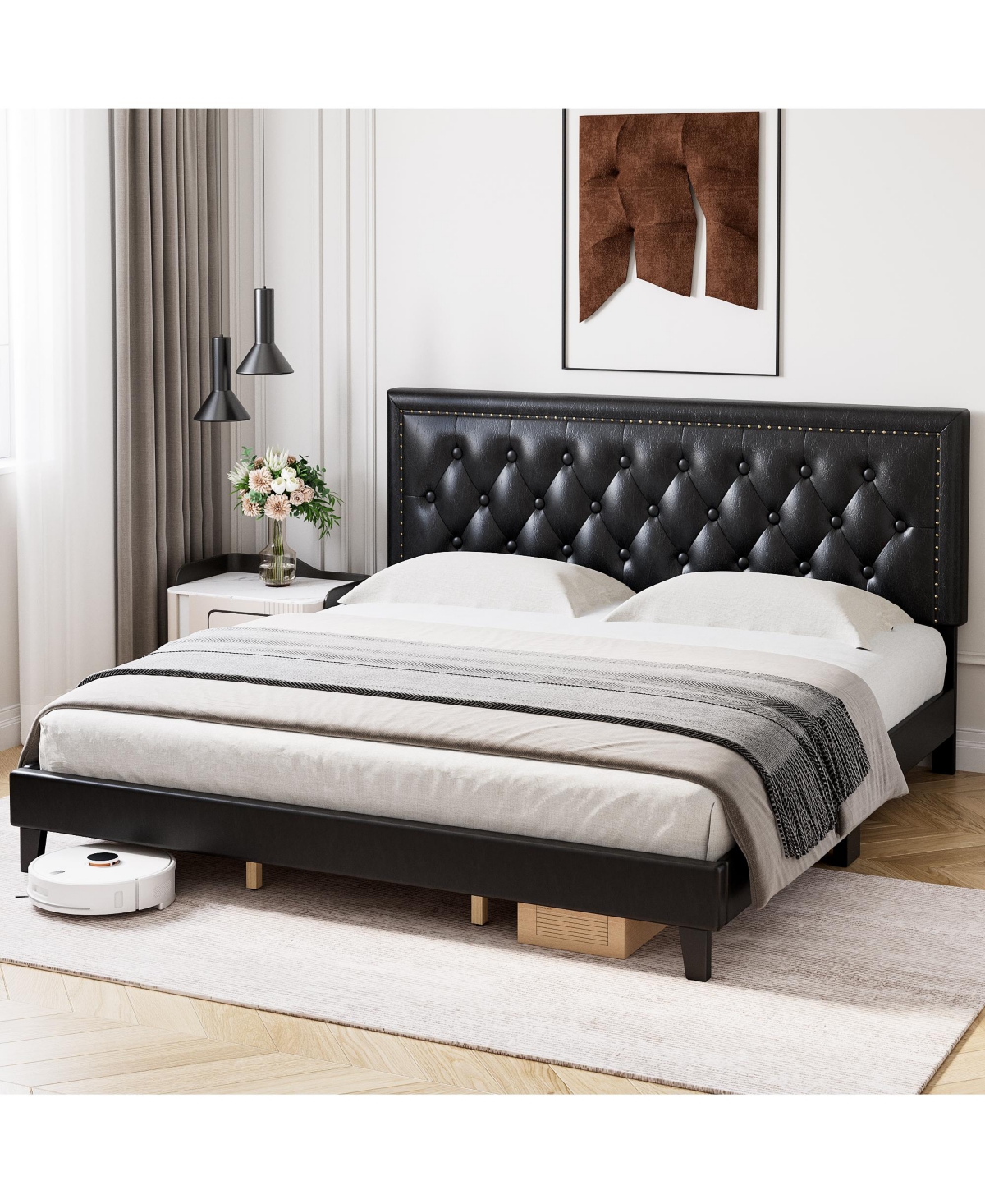 Click here for homfan Modern Bed Frame with Leather Headboard  Ex... prices