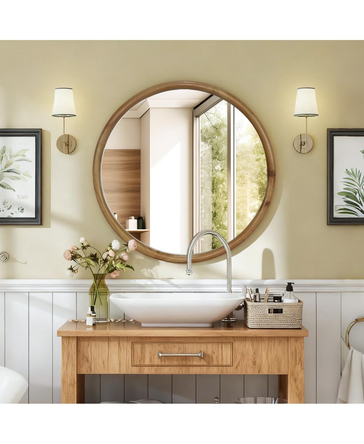 Click here for Laoties Modern Round Wall Mirror  Natural Wood Van... prices
