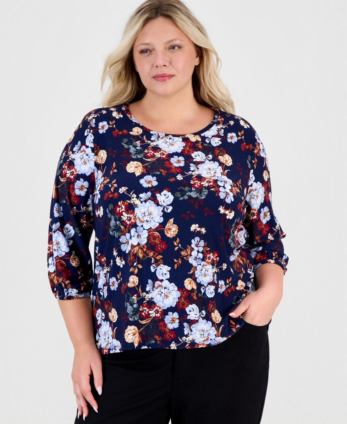 Click here for Jones New York Plus Size Floral 3/4-Sleeve Blouse... prices