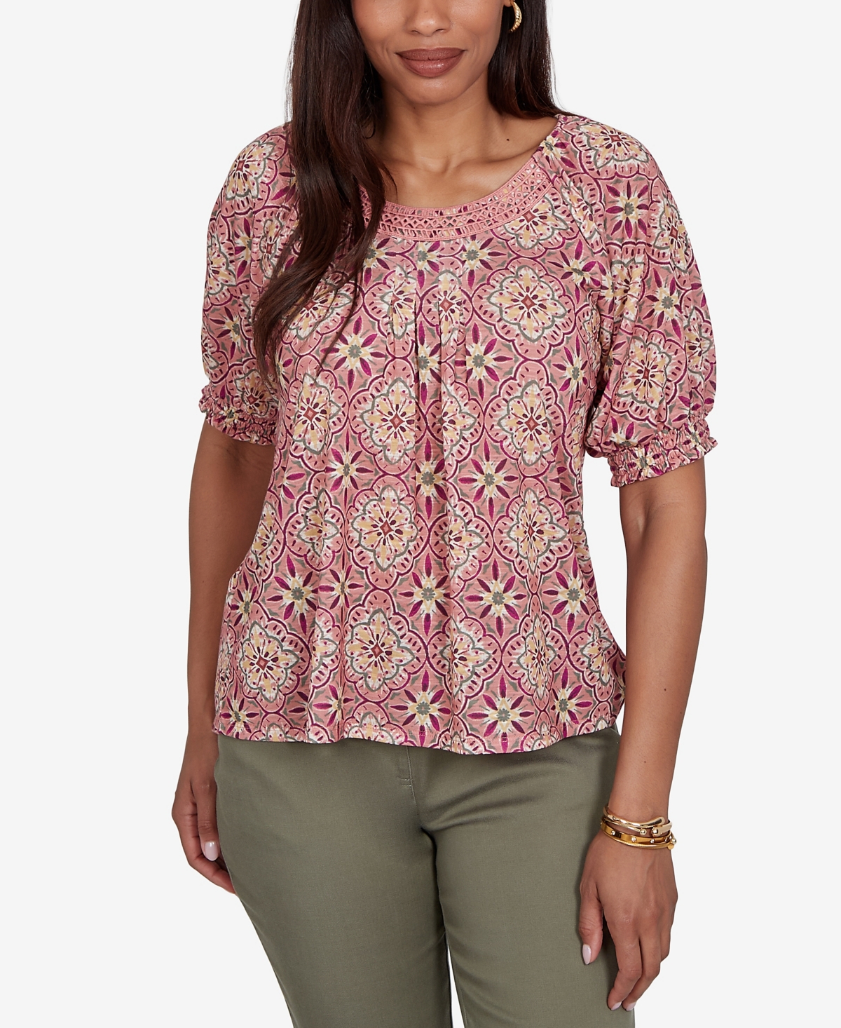 Click here for Ruby Rd. Petite Desert Geo Print Lace Trim Knit To... prices