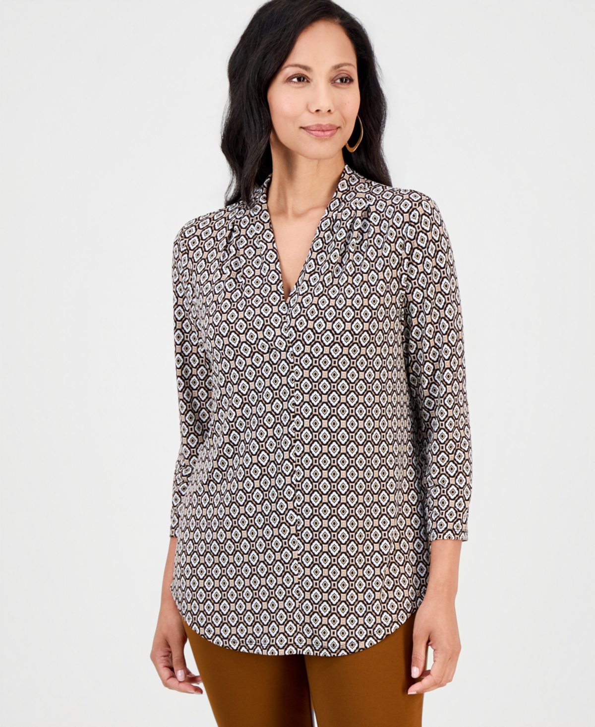 Click here for Jm Collection Womens Printed 3/4 Sleeve V-Neck Kni... prices