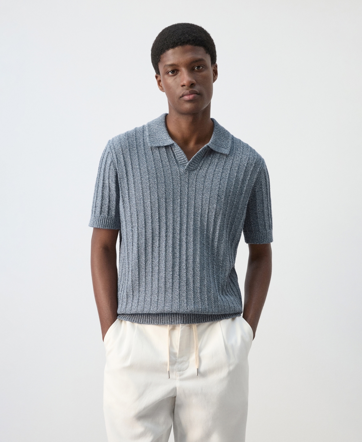 Click here for Mango Mens Cotton Fine-Knit Polo Shirt - Indigo Bl... prices