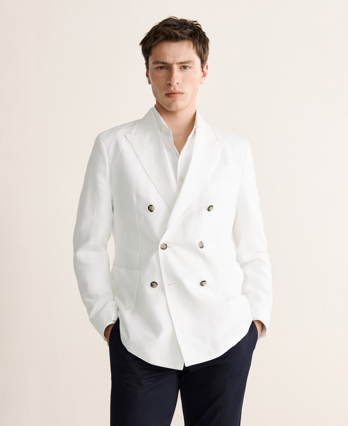 Click here for Mango Mens Slim-Fit Linen-Blend Double-Breasted Bl... prices